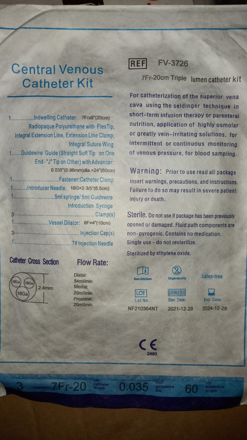 CVC- Central Venous Catheter Kit/ Triple Lumen 7FR x 20cm (imported in ...